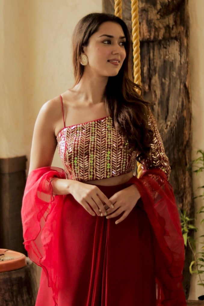 Beautiful Ruby Red Indo Western Outfit | Aliyana – Aliyana Designer Wear